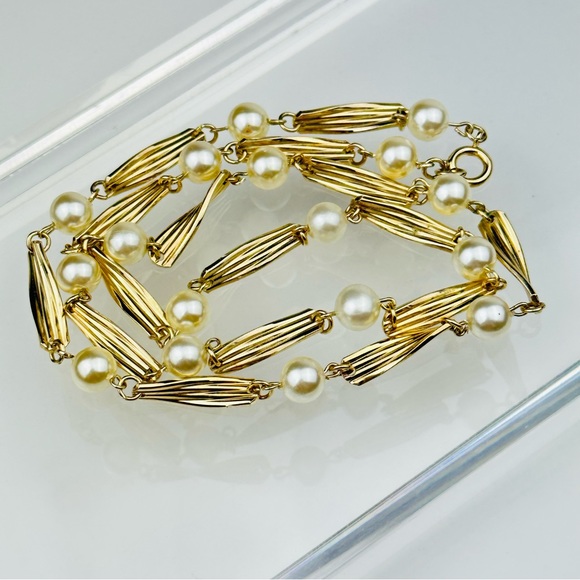 Jewelry | Vintage Glass Pearl Twisted Ribbed Panels Link Gold Tone ...
